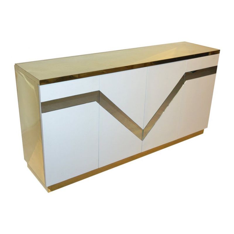 Sandro Petti 1970s Italian Modern Mirror and Brass White Lacquered Credenza