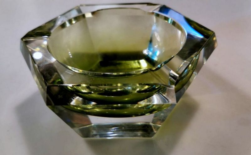 Val Saint Lambert Hexagonal Ashtray in Green Shaded Crystal 1960's