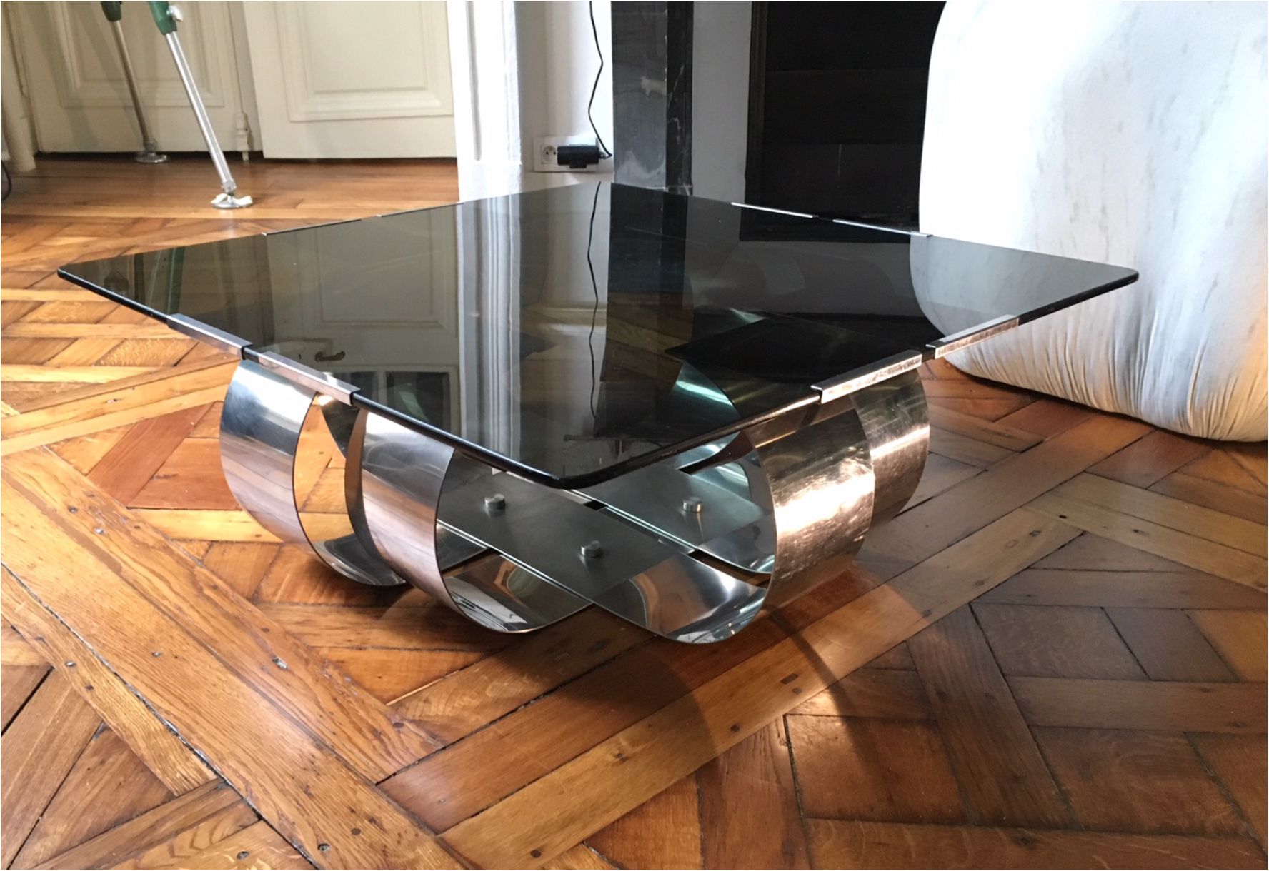 François Monnet rare steel 1970's coffee table