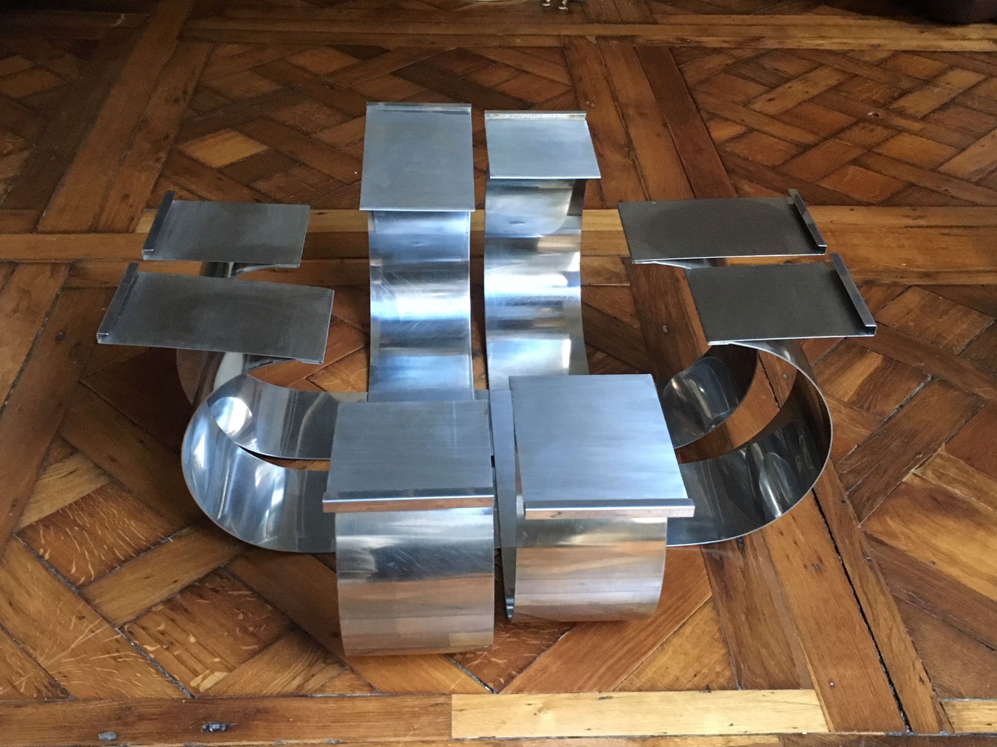 François Monnet rare steel 1970's coffee table