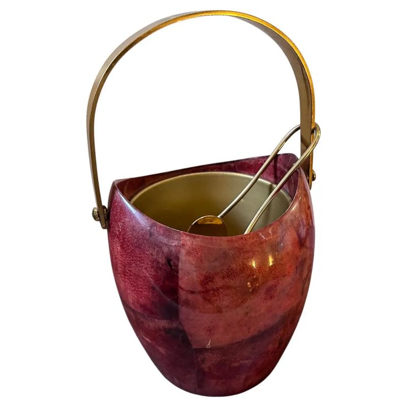 1950s Mid-Century Modern Red Goatskin and Brass Ice Bucket By Aldo Tura