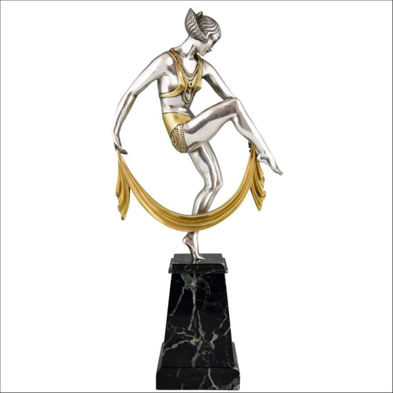 Raymonde Guerbe Art Deco silvered bronze sculpture of scarf dancer 1925
