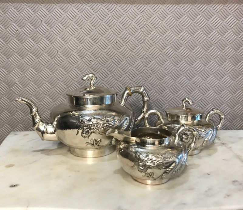 Silver Tea set with Dragons 1875-1920 Hong Kong